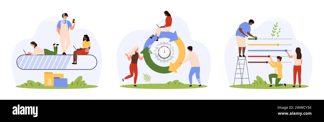 Bar status of loading process and interface settings set. Tiny people ...