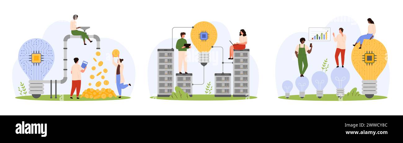 Develop and monetize digital project and solution set. Tiny people connect bright light bulb ...