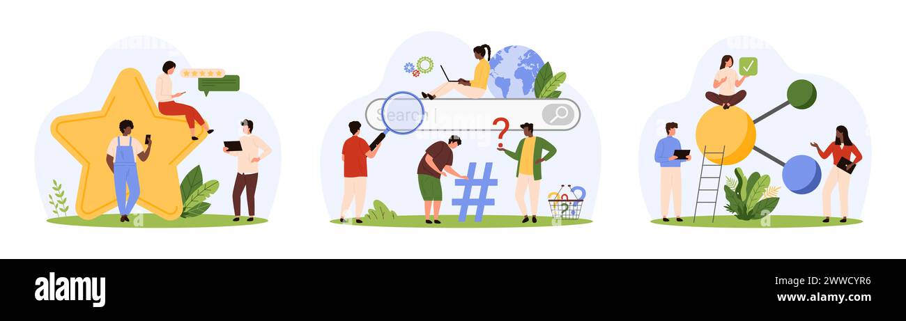 Search engine and review services set. Tiny people rate positive experience of product with gold ...