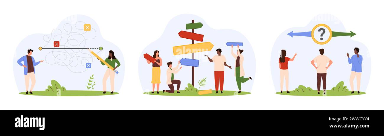 Choice of easy way, right solution and strategy set. Tiny people choose ...