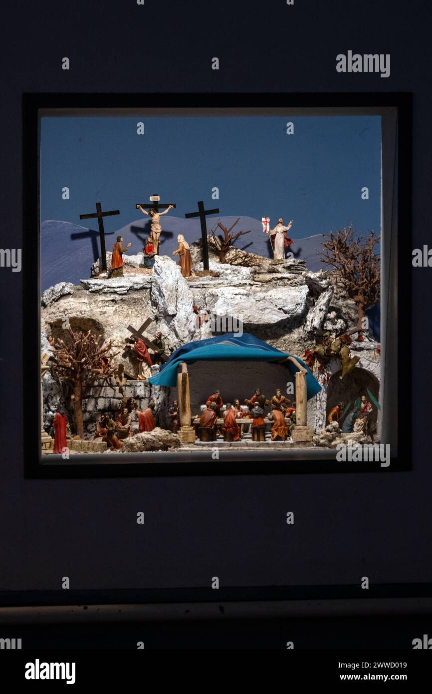 Bamberg, Germany. 23rd Mar, 2024. In a display case, a Passion crib ...