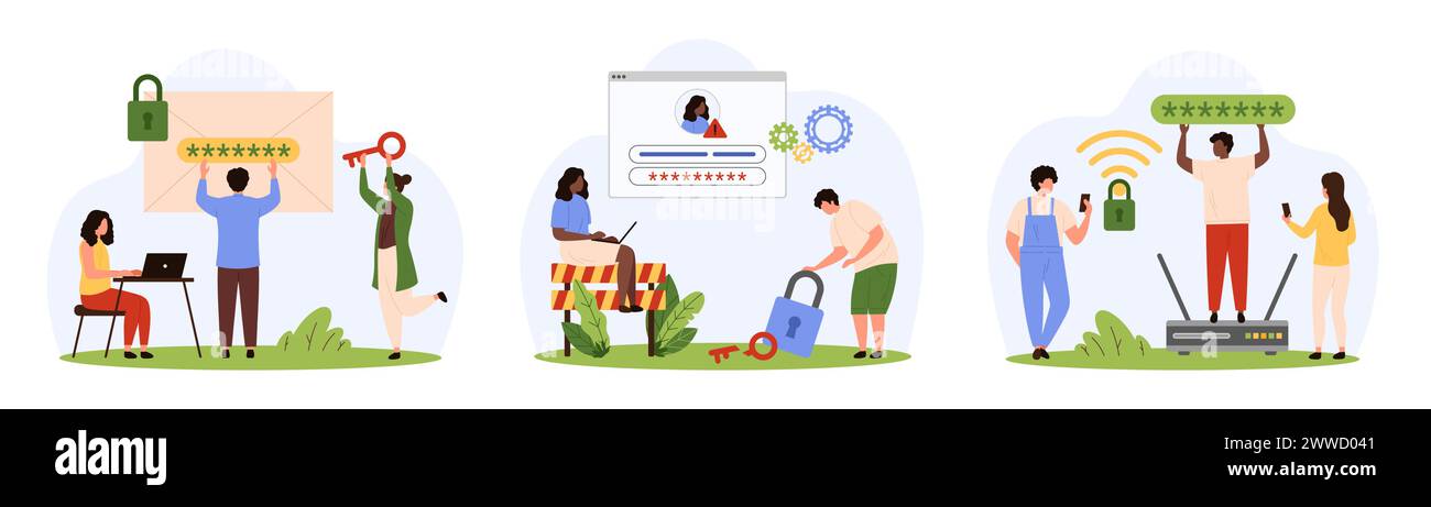 Cyber security, digital data protection set. Tiny people protect online ...