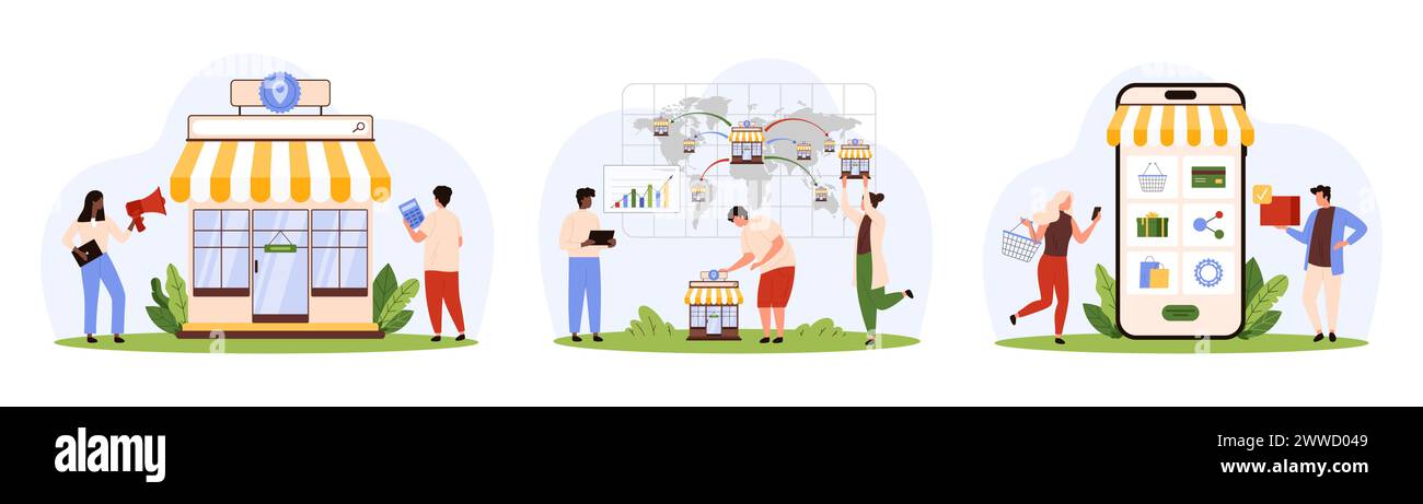 Retail store promotion, franchise, online shopping in mobile app set ...