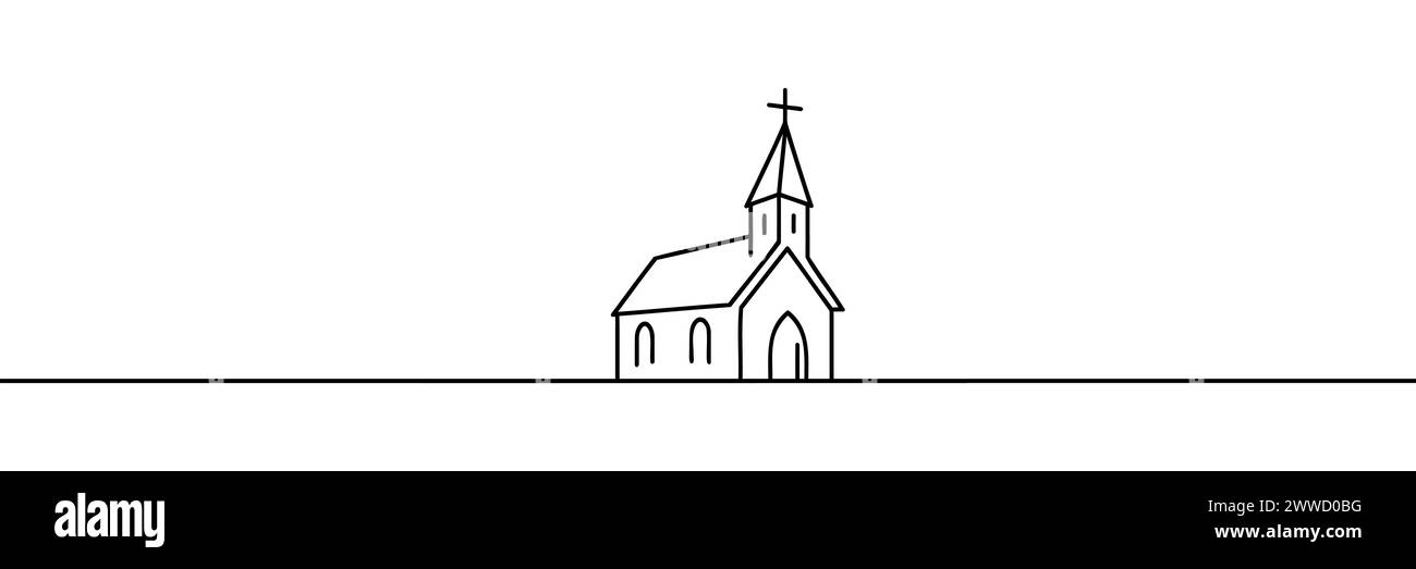Church in continuous line art drawing style. Minimalist black linear ...