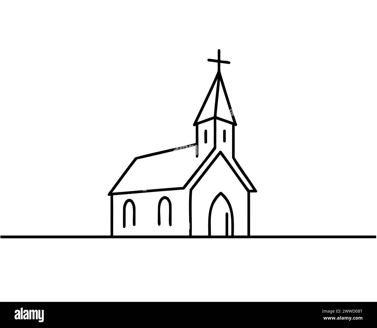 Church in continuous line art drawing style. Minimalist black linear ...