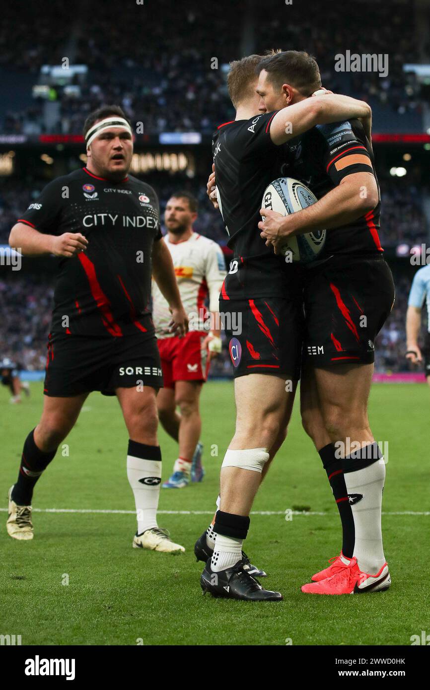 Alex Goode of Saracens scores a try to make the score 50-7 during the ...