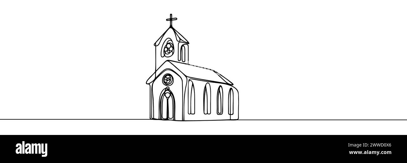 Church in continuous line art drawing style. Minimalist black linear ...