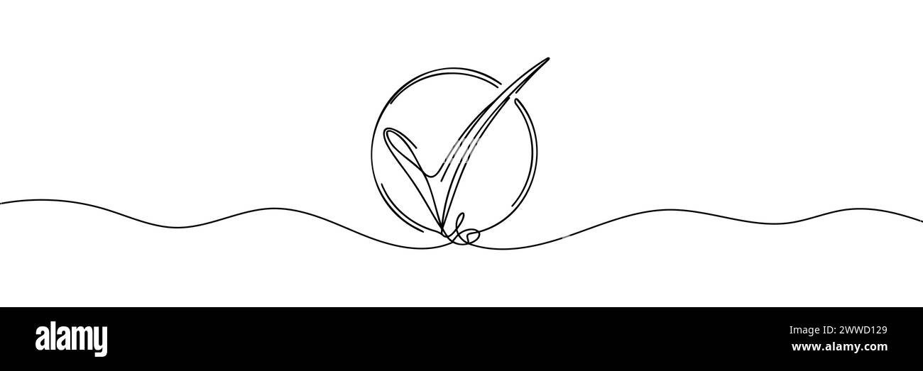 Single continuous line check icon silhouette. Approved test correct ...