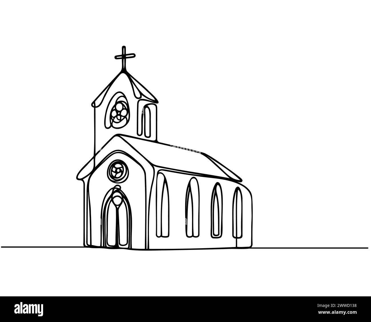 Church in continuous line art drawing style. Minimalist black linear ...