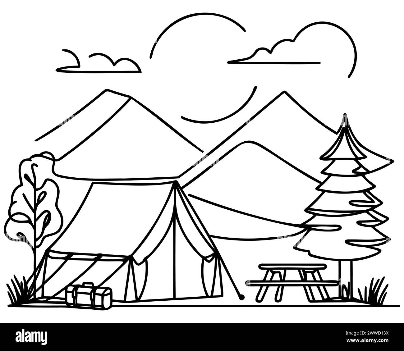 Single one line drawing tourist tent in pine forest, mountains on ...