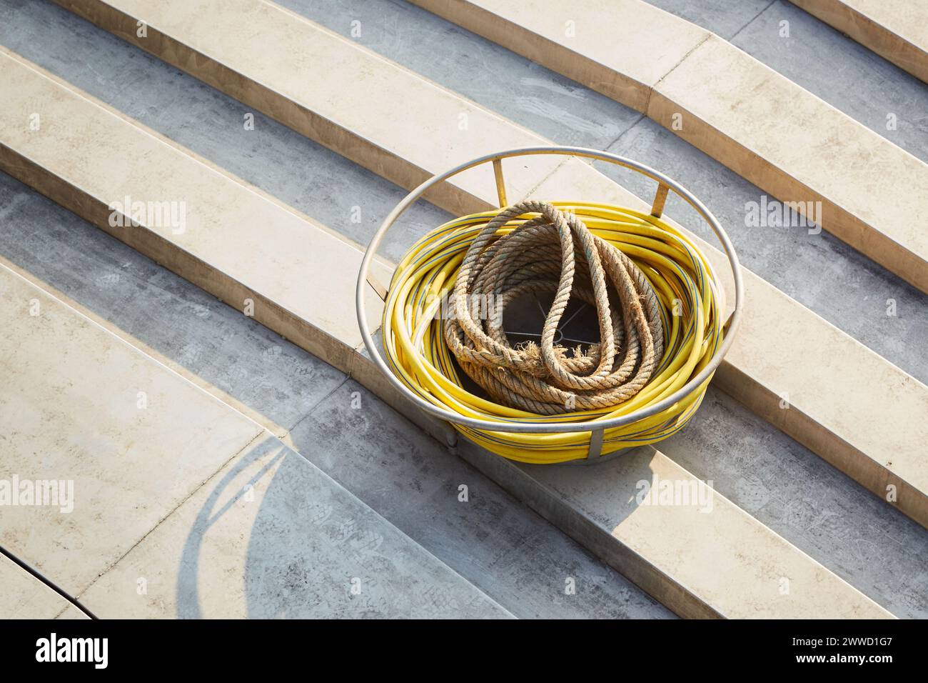 Rope and Hose in a Bin on Barge Roof Stock Photo - Alamy