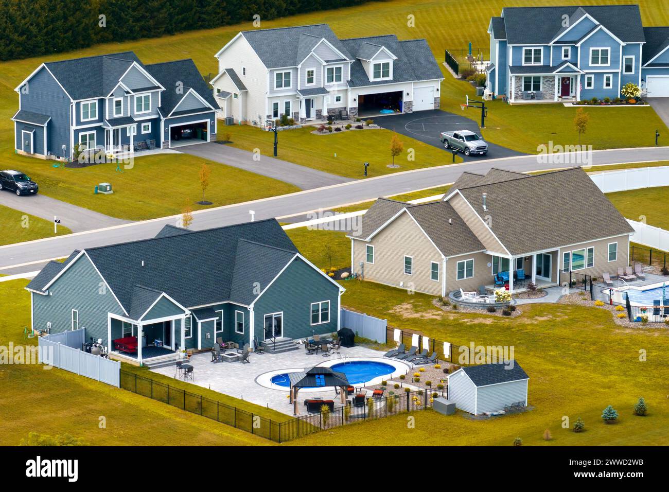 View from above of residential houses in living area in Rochester, NY ...