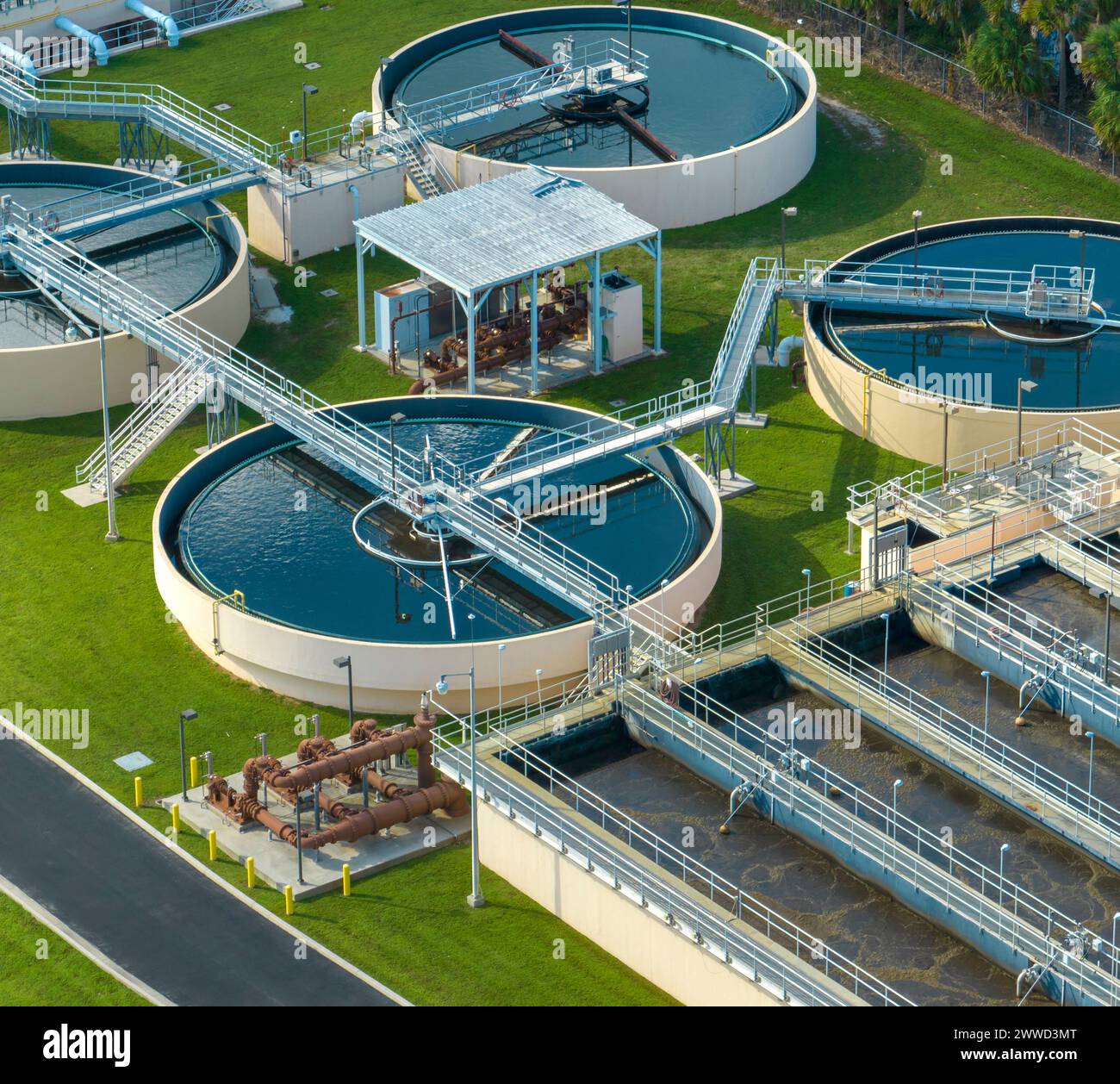 Aerial view of water treatment factory at city wastewater cleaning ...