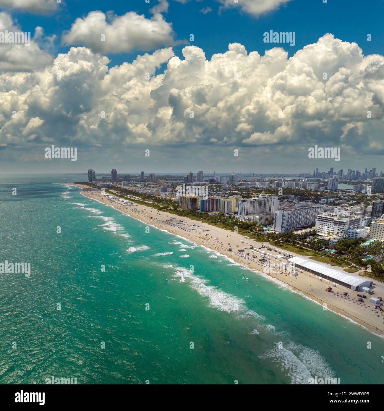 Tourism infrastructure in southern USA. South Beach sandy surface with ...