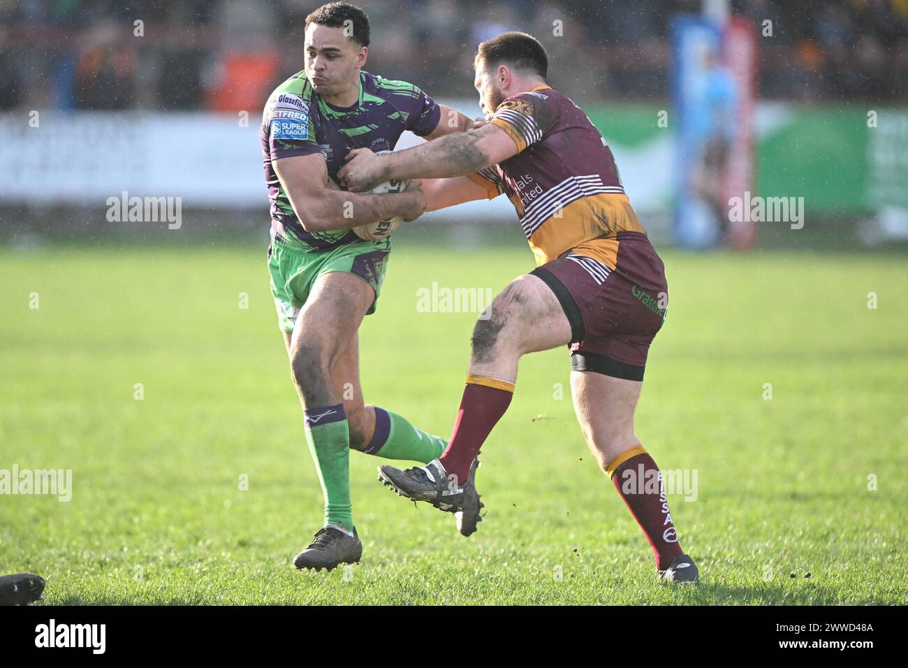 Luis Johnson of Castleford Tigers tackled during the Betfred Challenge ...
