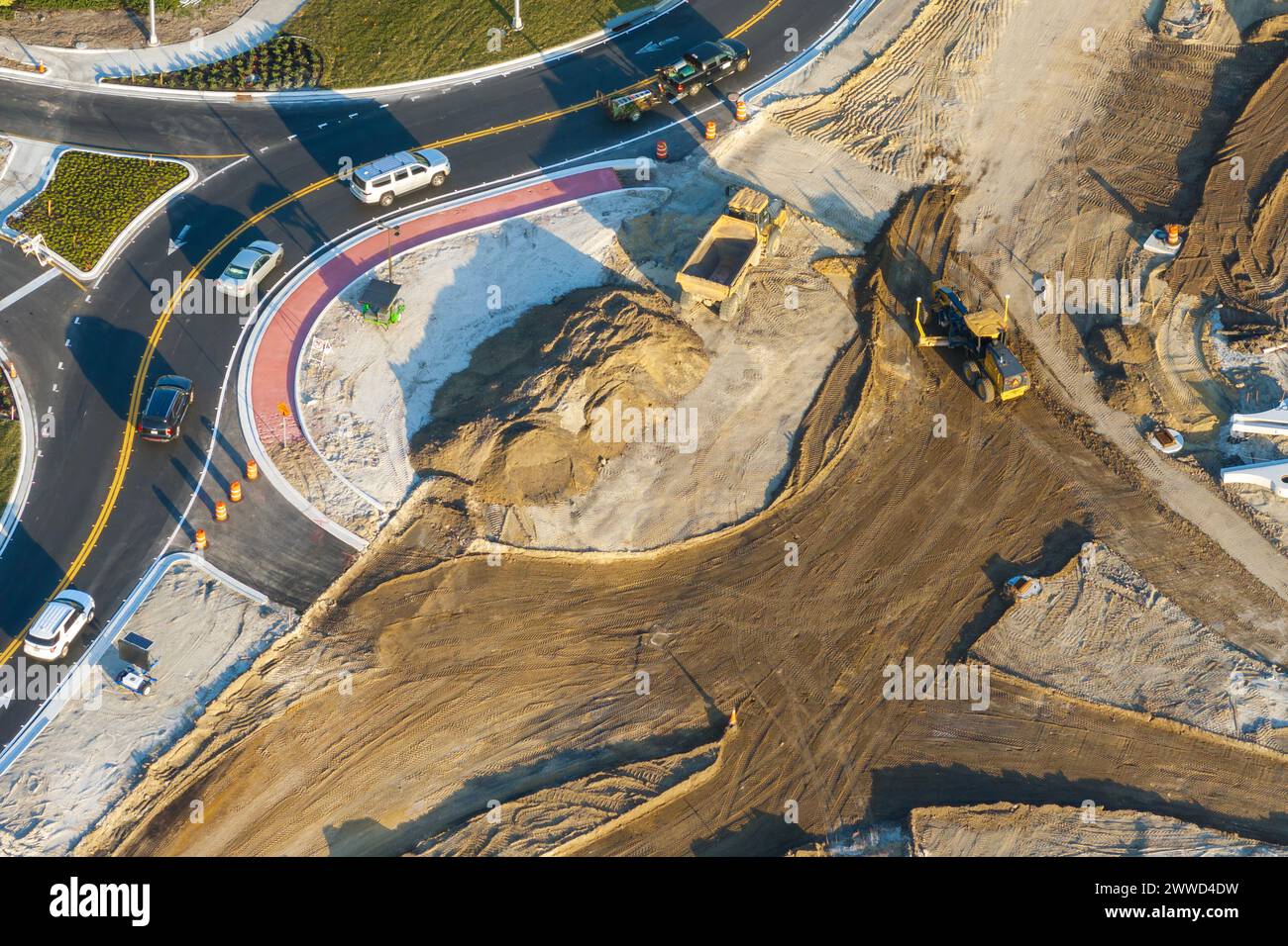 Industrial roadworks. Roundabout on wide American highway under ...