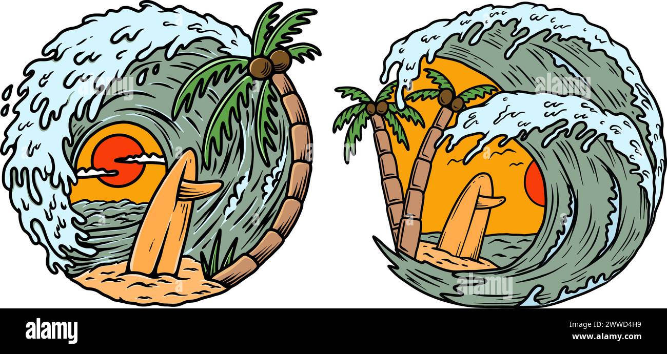 Surfing deck, wave and tropical beach. Design element for poster, card ...