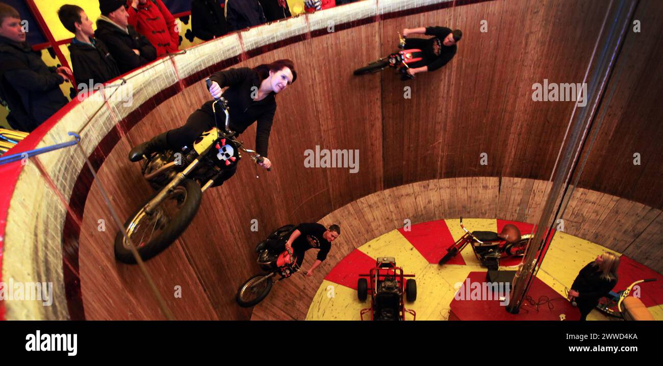 29/04/2012. ..Jaimi Tyrrell , rides the Wall of Death at The Carole ...