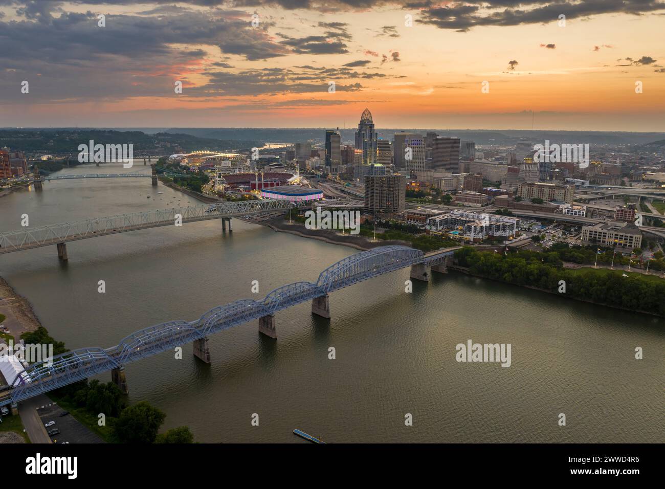 Cincinnati city, Ohio, USA with bridge highway traffic driving cars in ...