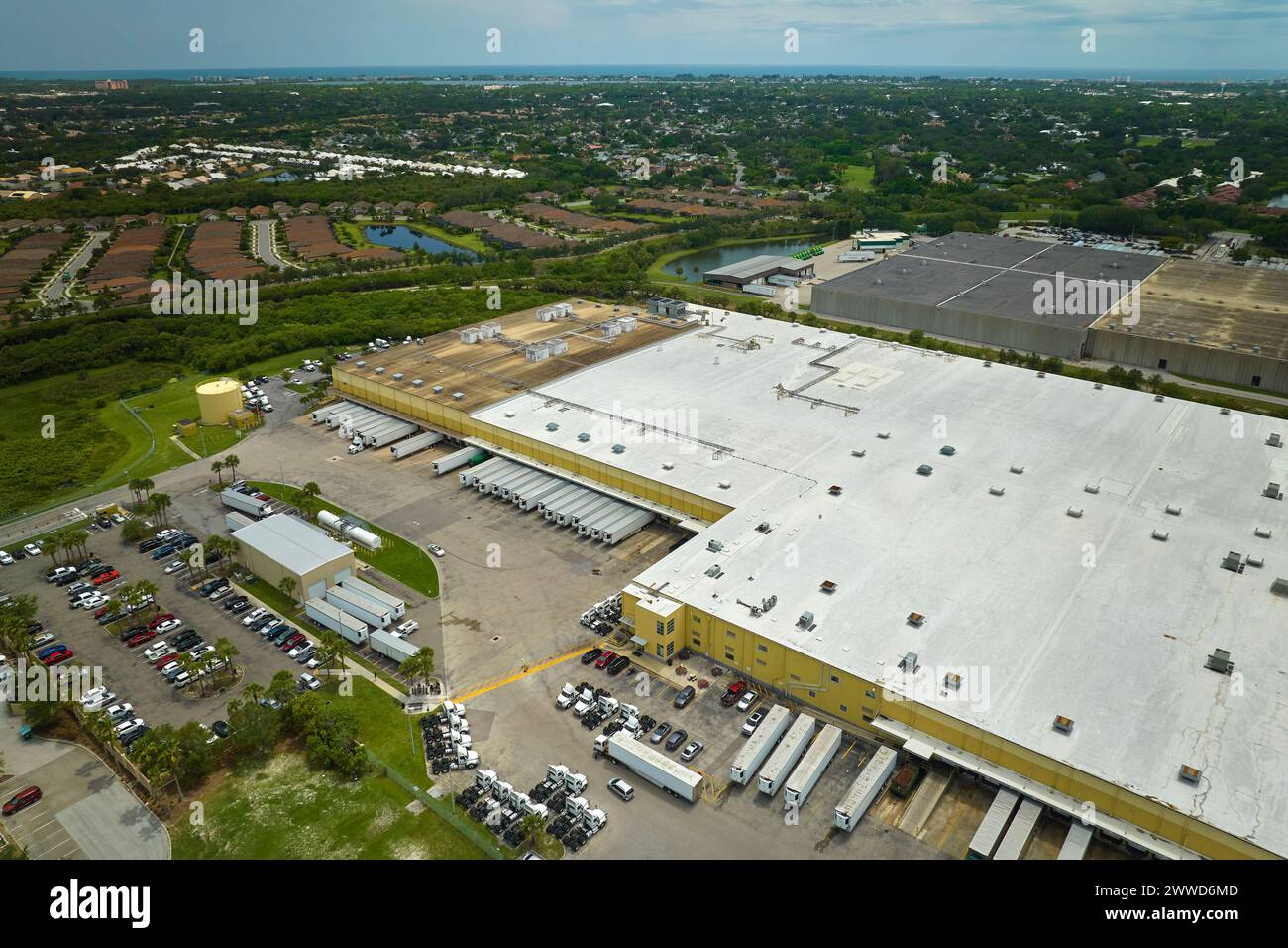 High angle view of big commercial shipping center with many freight ...