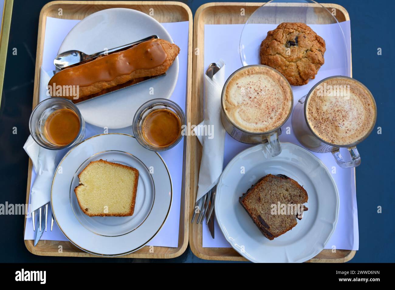 Paris, France. A rich breakfast with typical sweets and cappuccino and ...