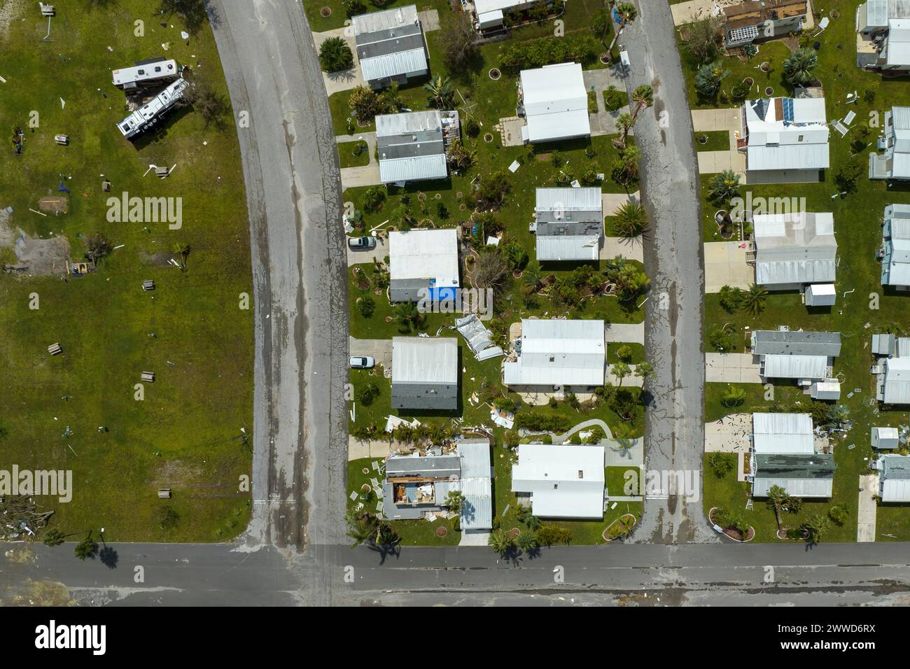 Severely damaged houses after hurricane Ian in Florida mobile home ...