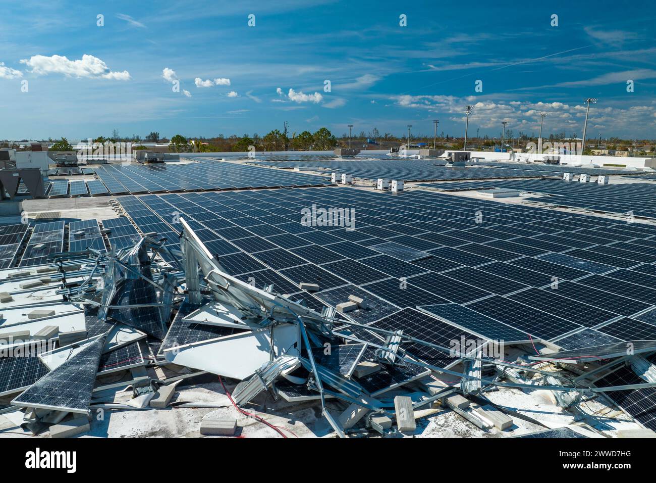Top view of destroyed by hurricane Ian photovoltaic solar panels ...