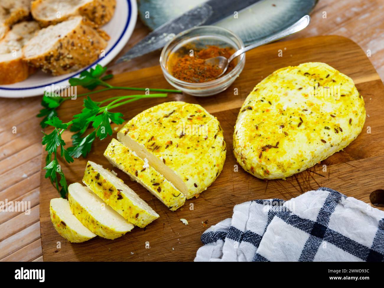 Delicious fried cottage cheese for breakfast. Bread and greens included ...