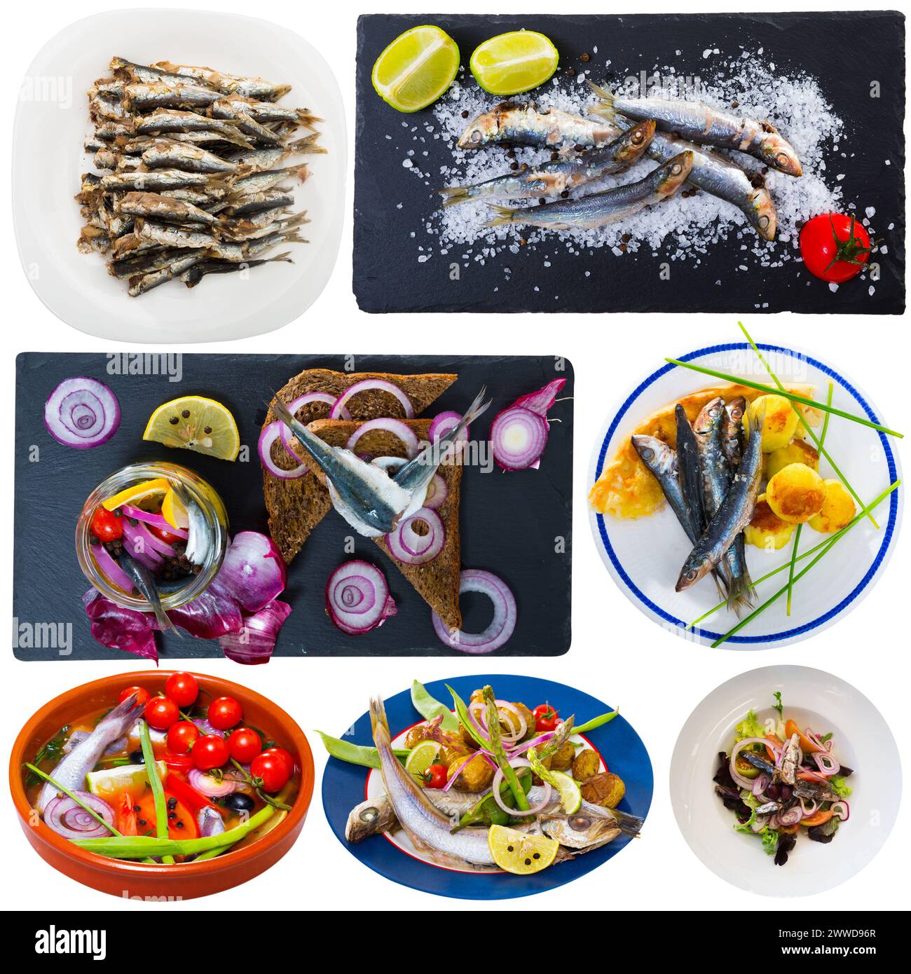 Collage of dishes with small fish Stock Photo - Alamy