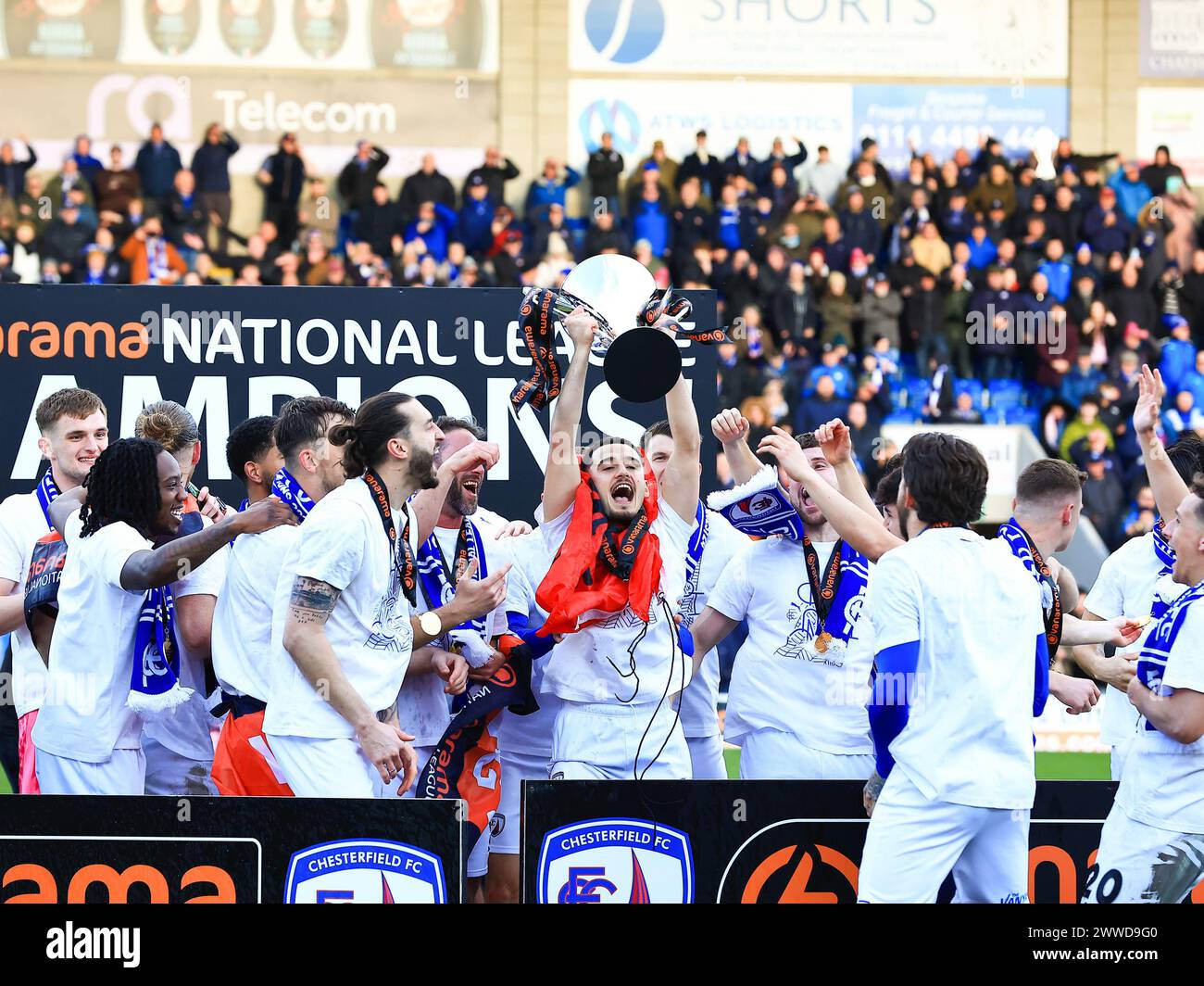 Armando Dobra of Chesterfield lifts the National League Trophy with his ...