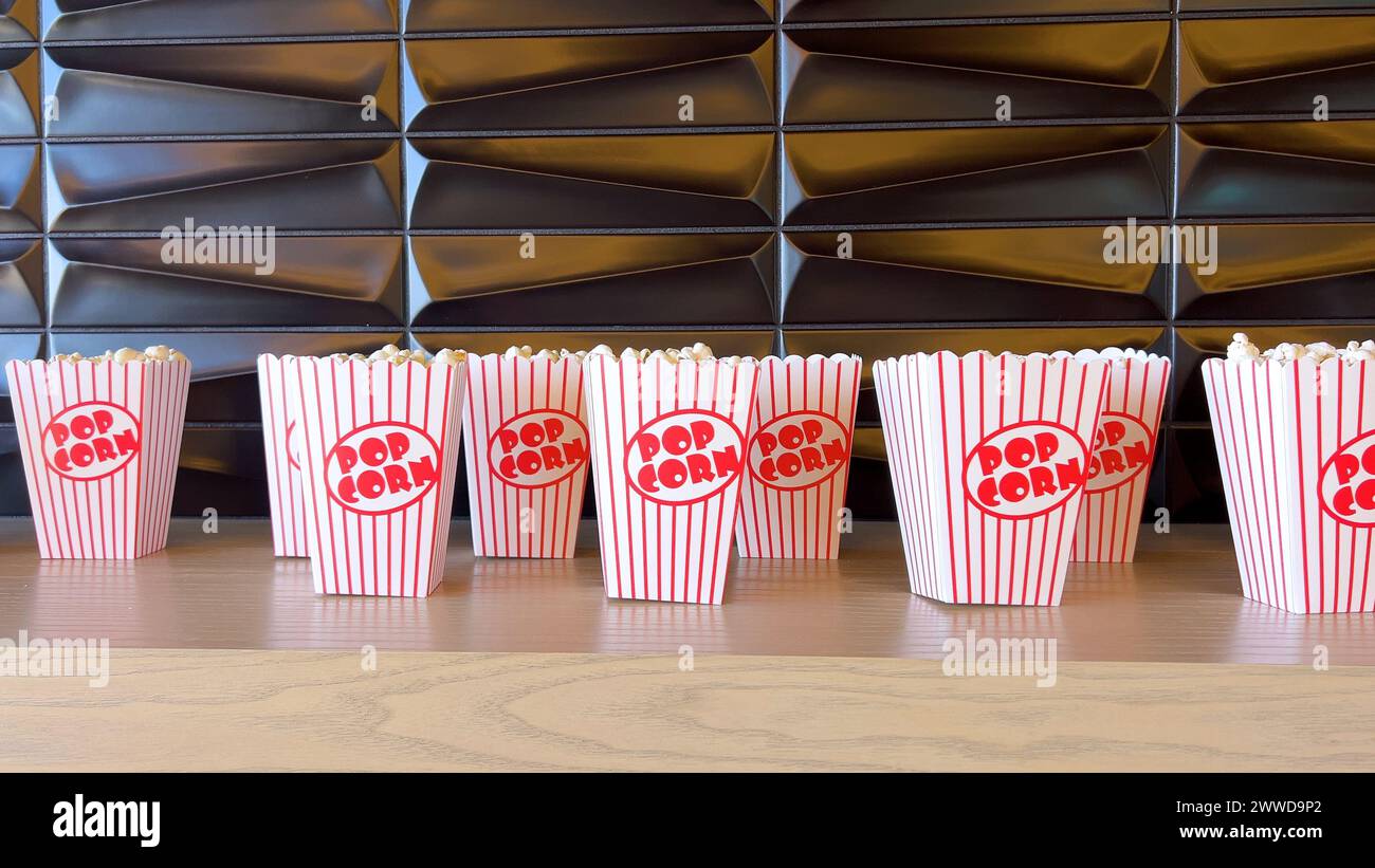 Classic Striped Popcorn Boxes Lined Up for Movie Night Stock Photo - Alamy