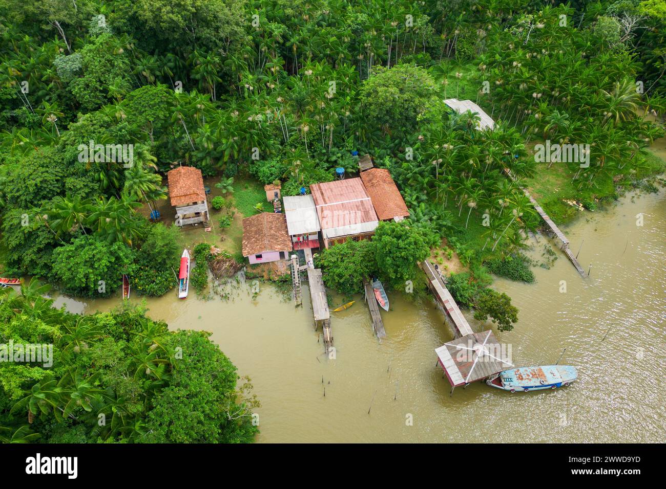 Aerial View of a Small Community Houses in Tropical Rainforest by the ...