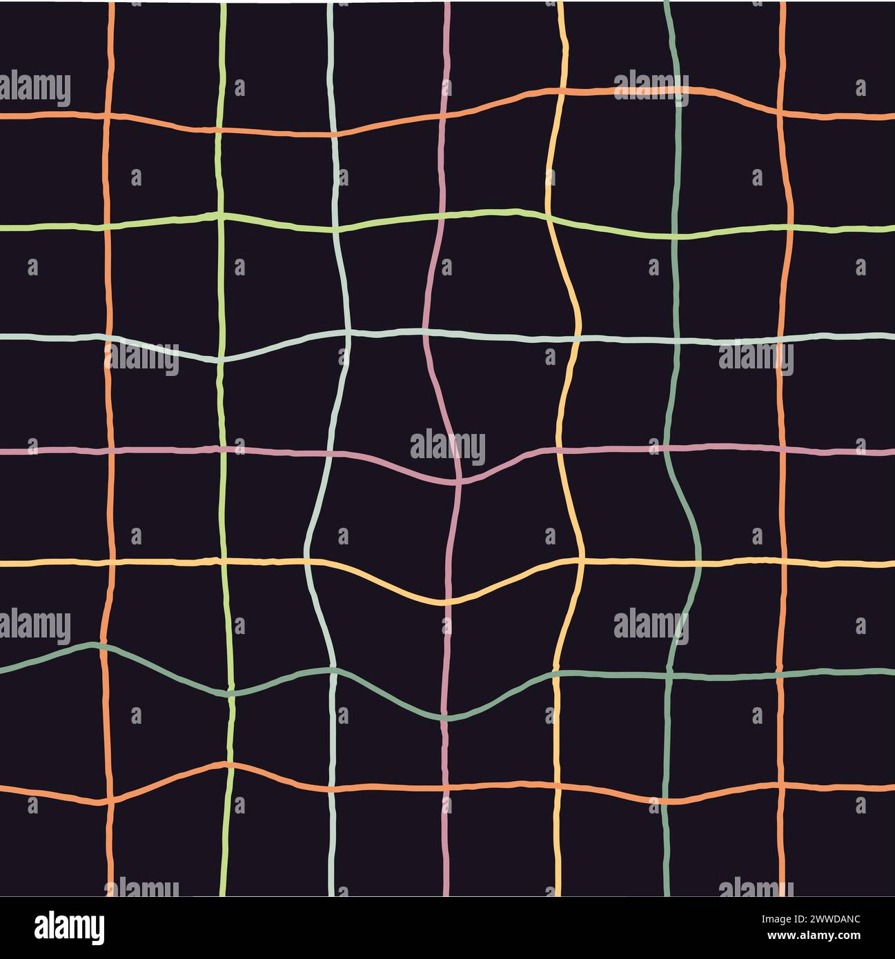 Hand drawn doodle grid pattern. Colored print vector. Distort wavy warp ...