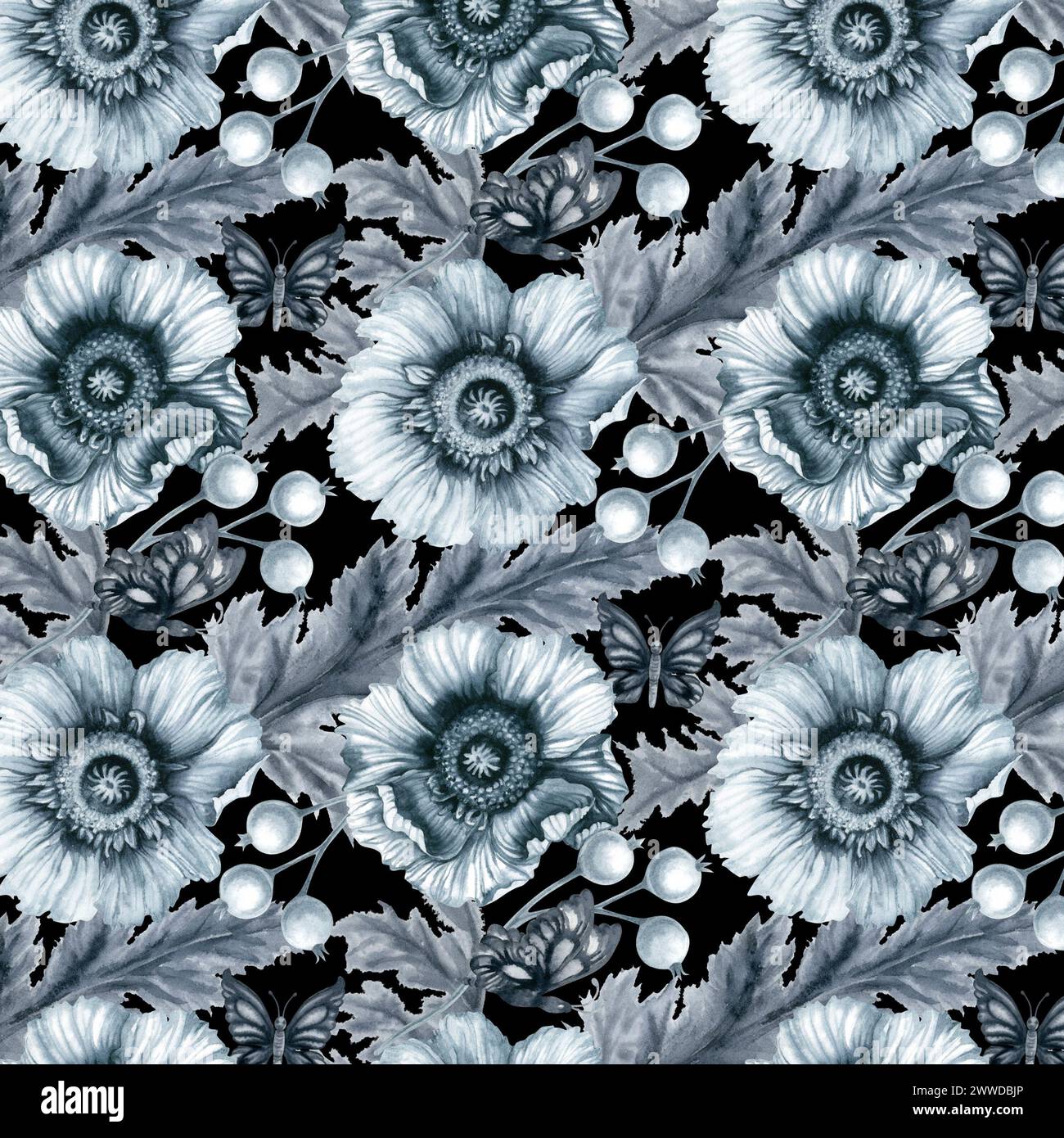 Monochrome watercolor seamless patterns with poppy flowers, stems, buds ...