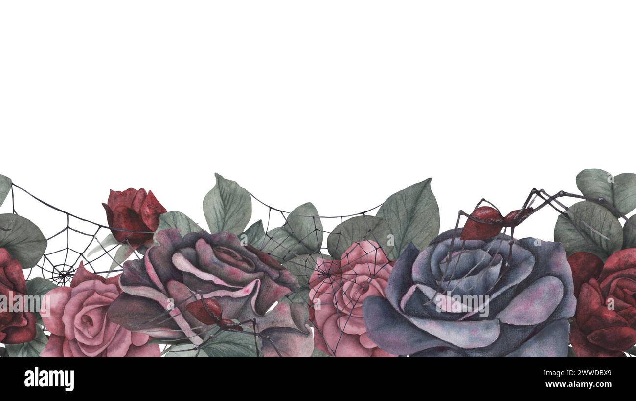 Seamless border black spider with cobweb and dark roses flowers and ...