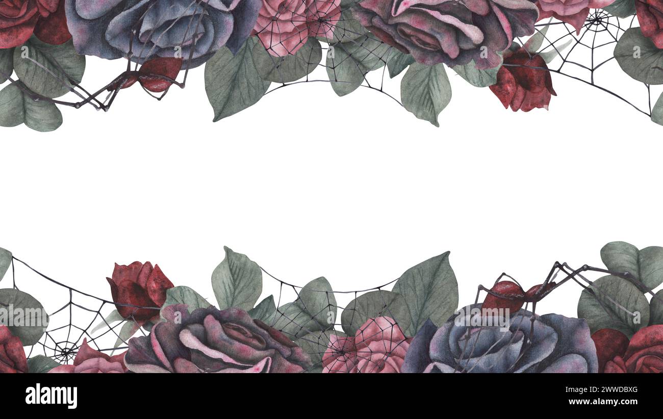 Seamless border black spider with cobweb and dark roses flowers and ...