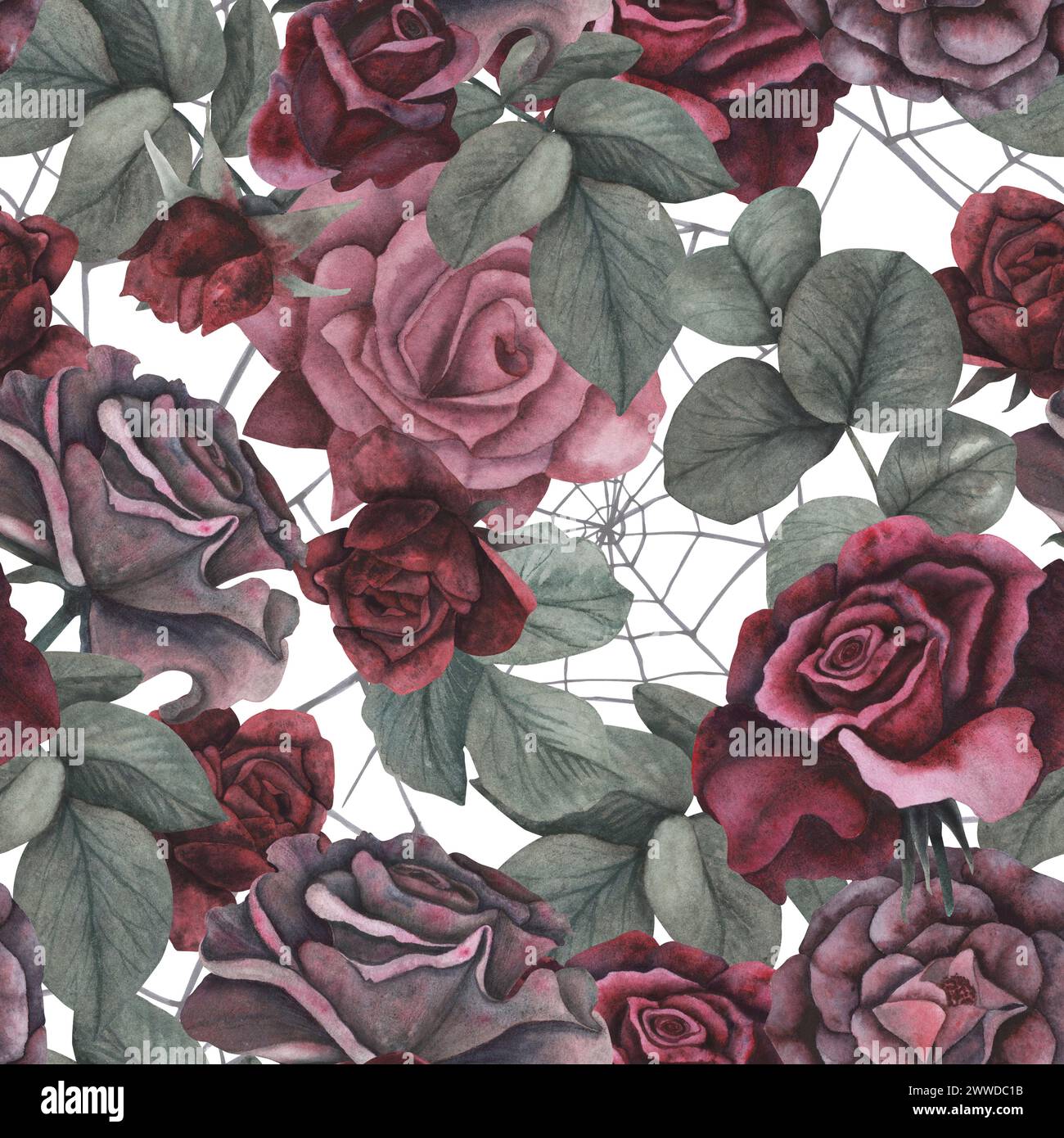 Seamless pattern black spider with cobweb and dark roses flowers and ...