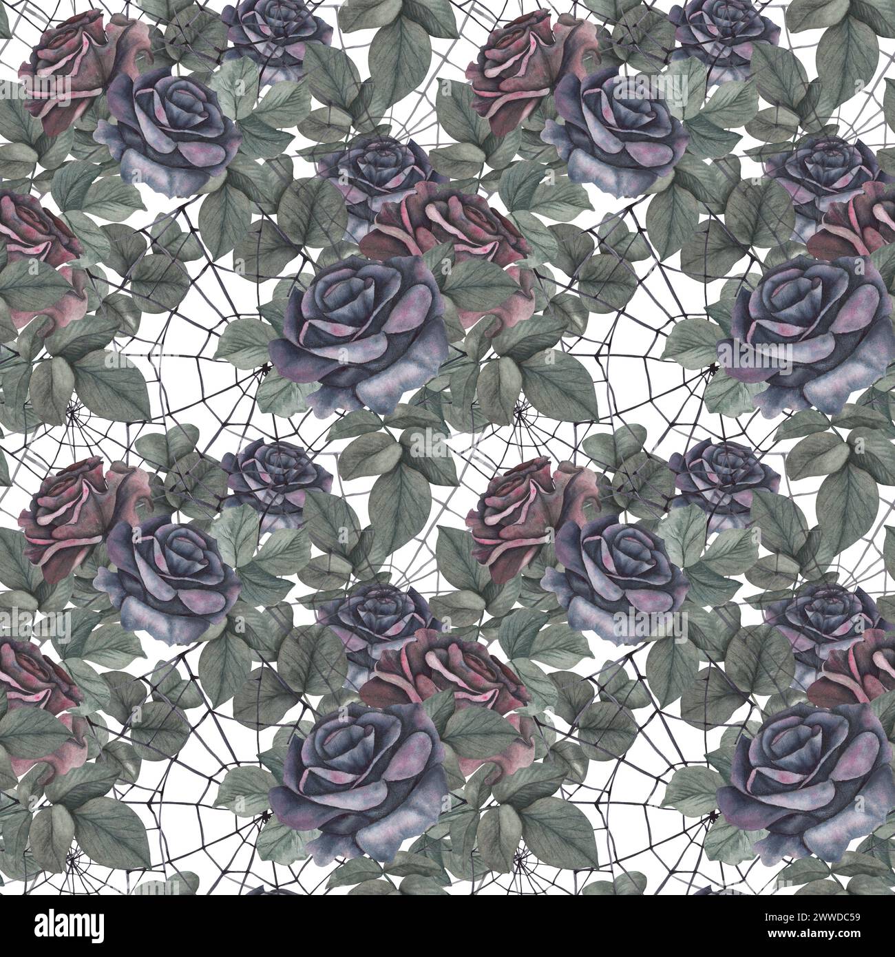 Seamless pattern black spider with cobweb and dark roses flowers and ...