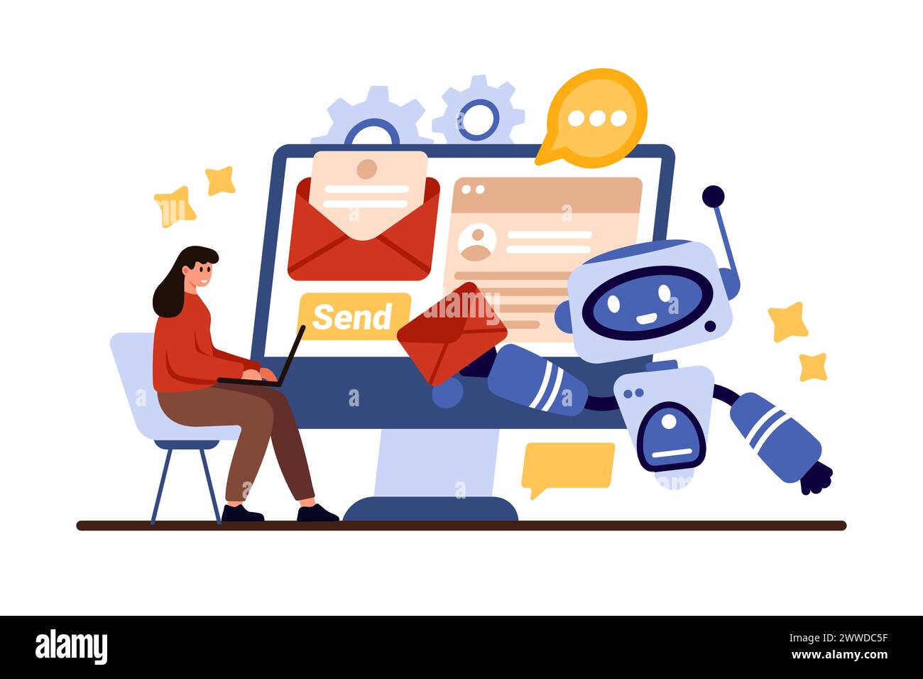 Email notification with AI service. Friendly futuristic robot holding ...