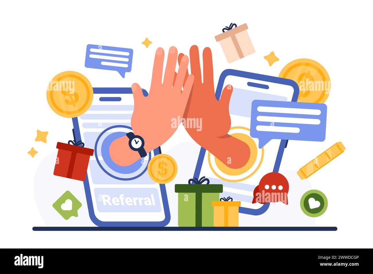Referral marketing program to refer friend. Big hands of partners from ...
