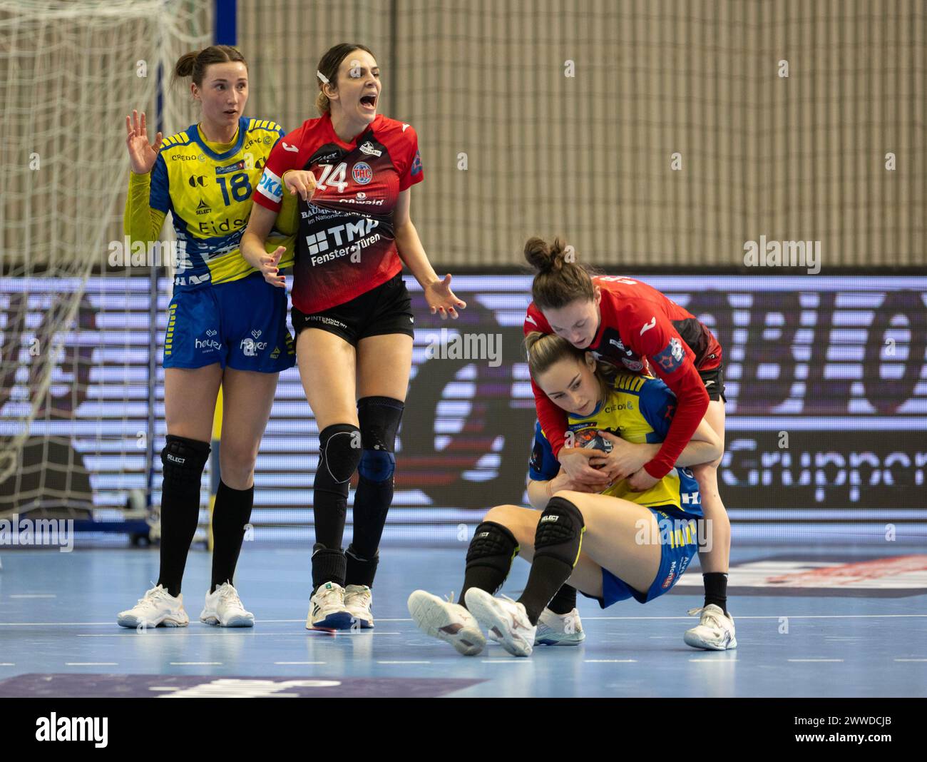 Hamar, Norway. 23rd Mar, 2024. Hamar, Norway, March 23rd 2024: Battle for the ball during the ...