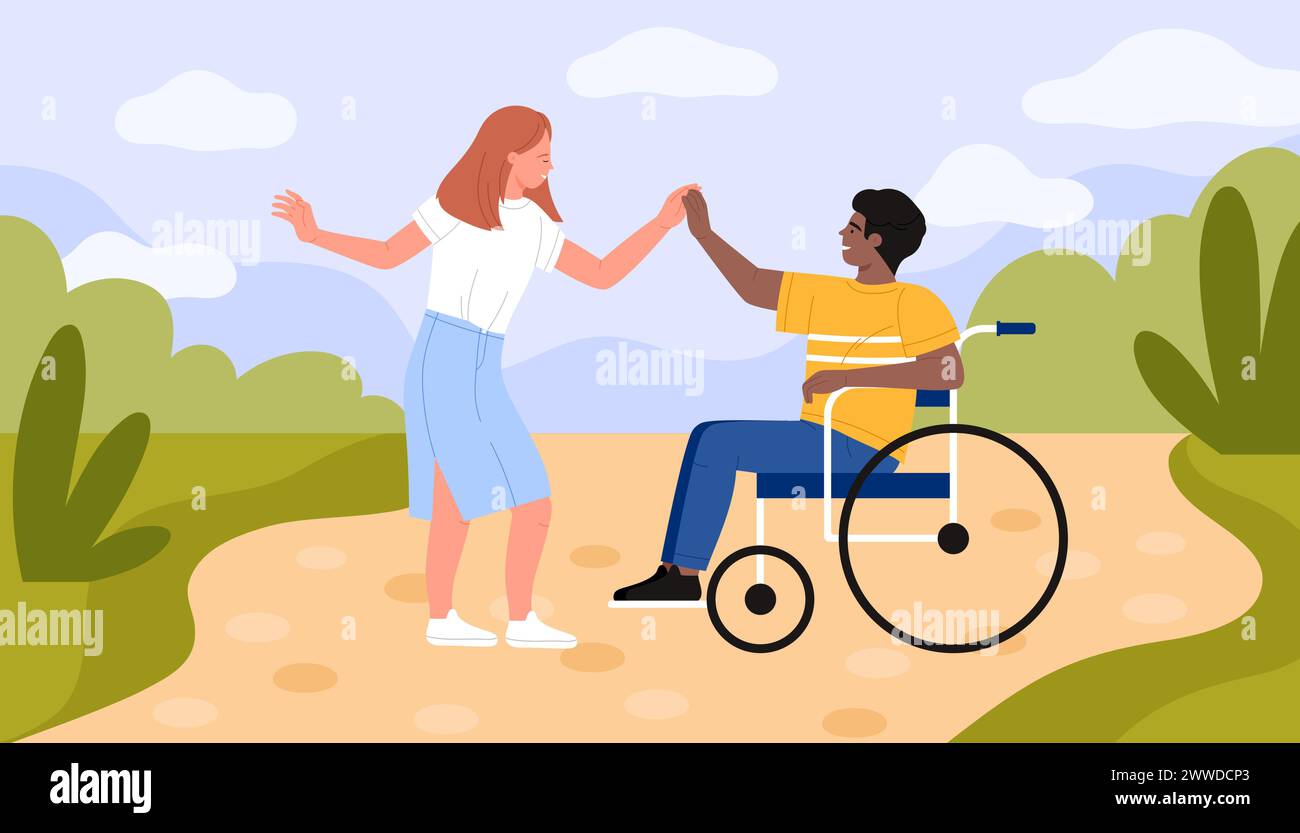 Young disabled man in wheelchair and happy girl dancing romantic dance ...