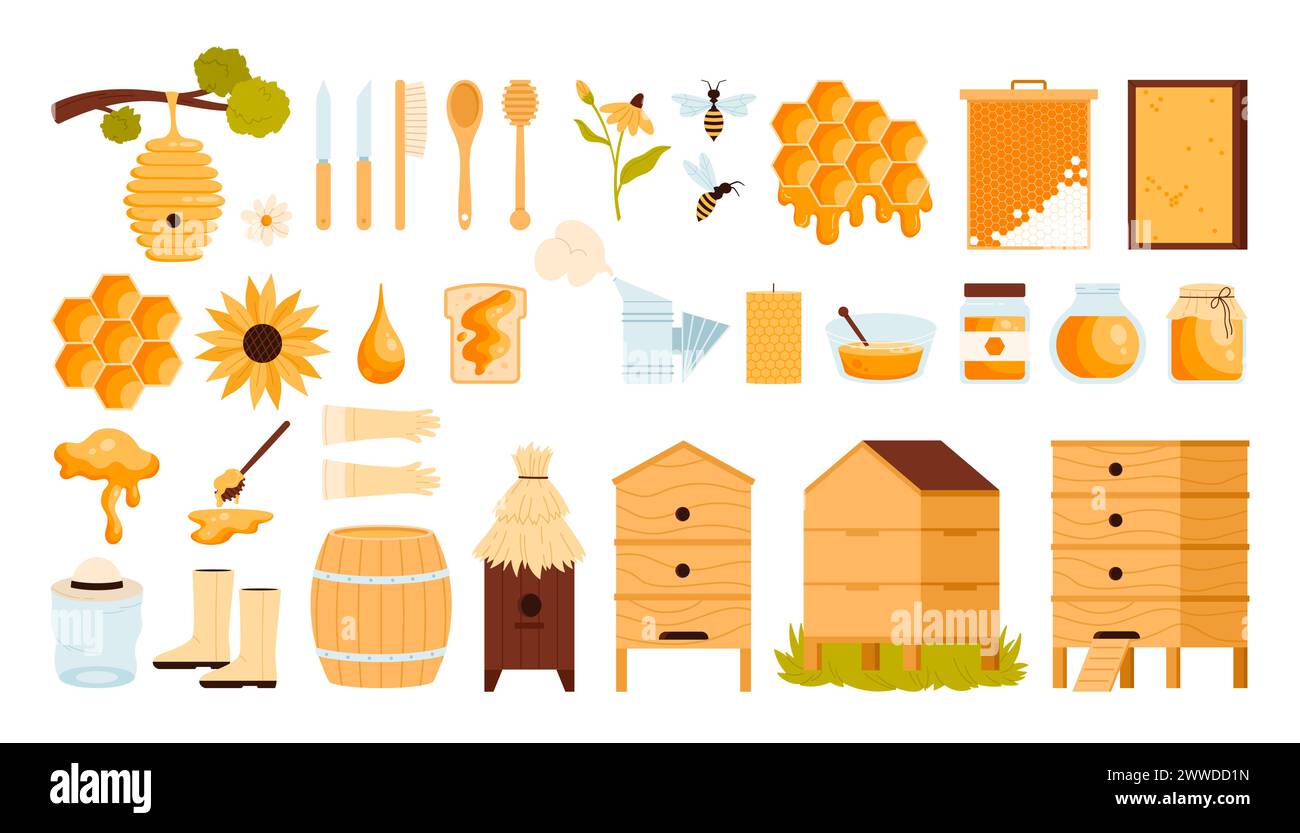 Honey products and apiary set. Beekeeping collection with honey jars ...