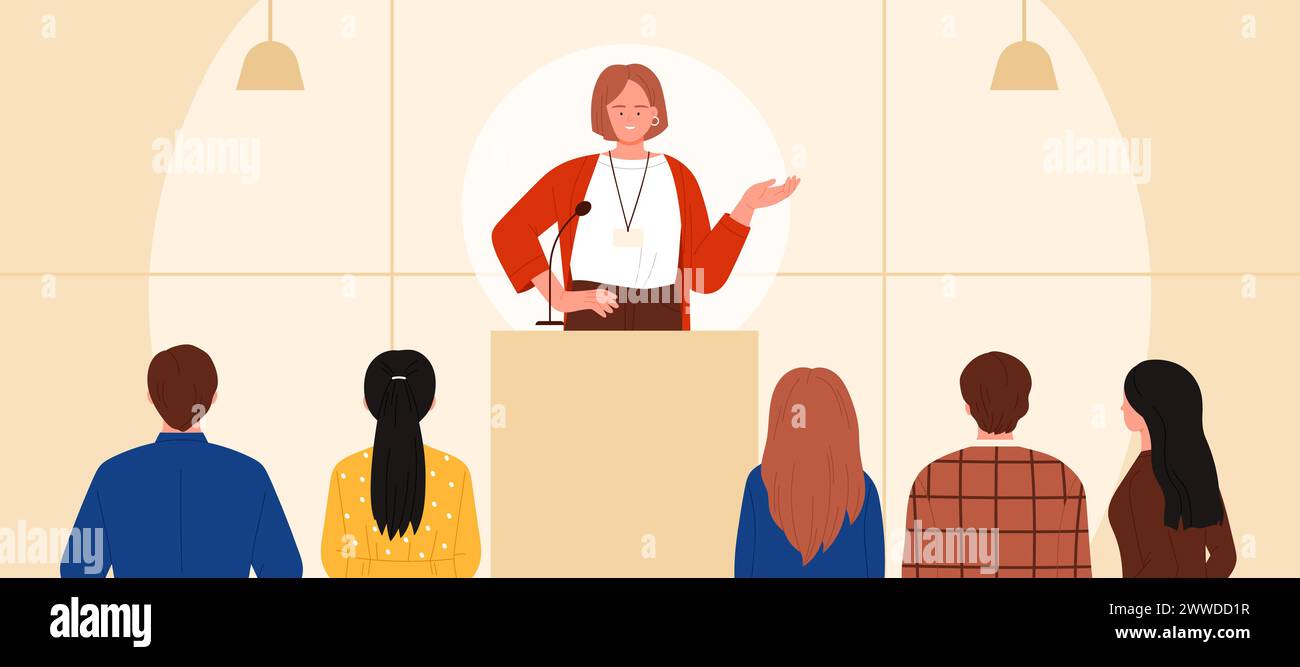 Public speech by speaker at podium in front of audience. Happy woman ...