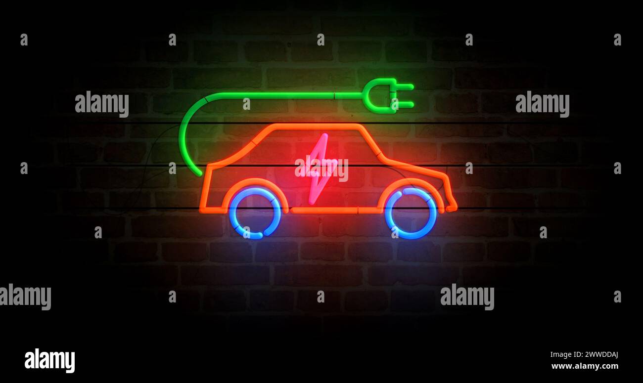 Electric car charge neon symbol. Eco transport icon light color bulbs ...
