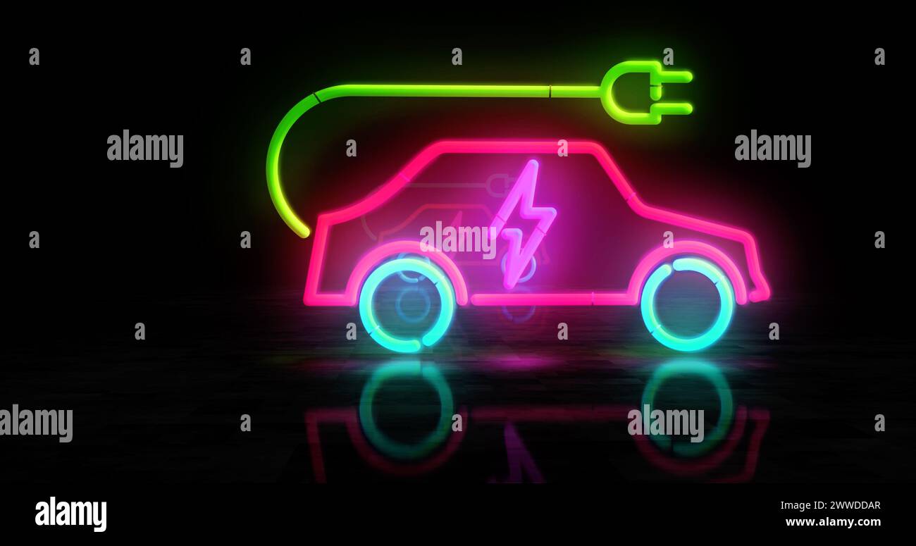 Electric car charge neon symbol. Eco transport icon light color bulbs ...