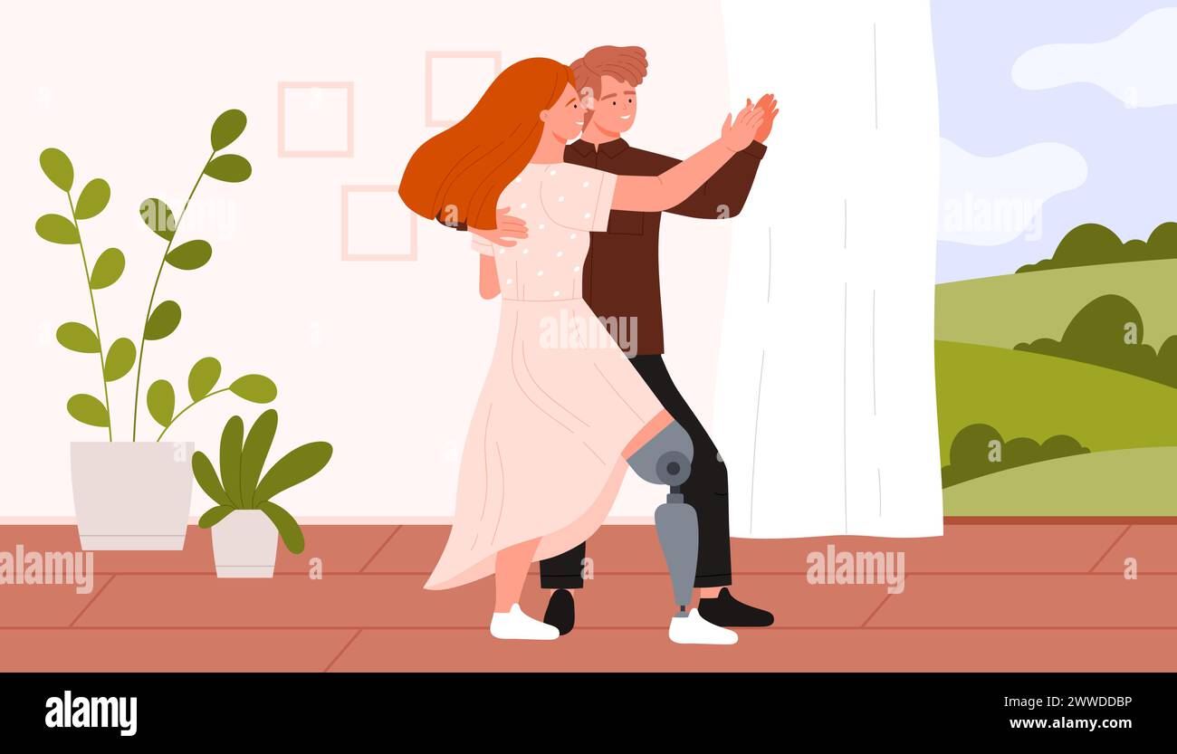 Young woman with disability and man dancing modern romantic dance at ...