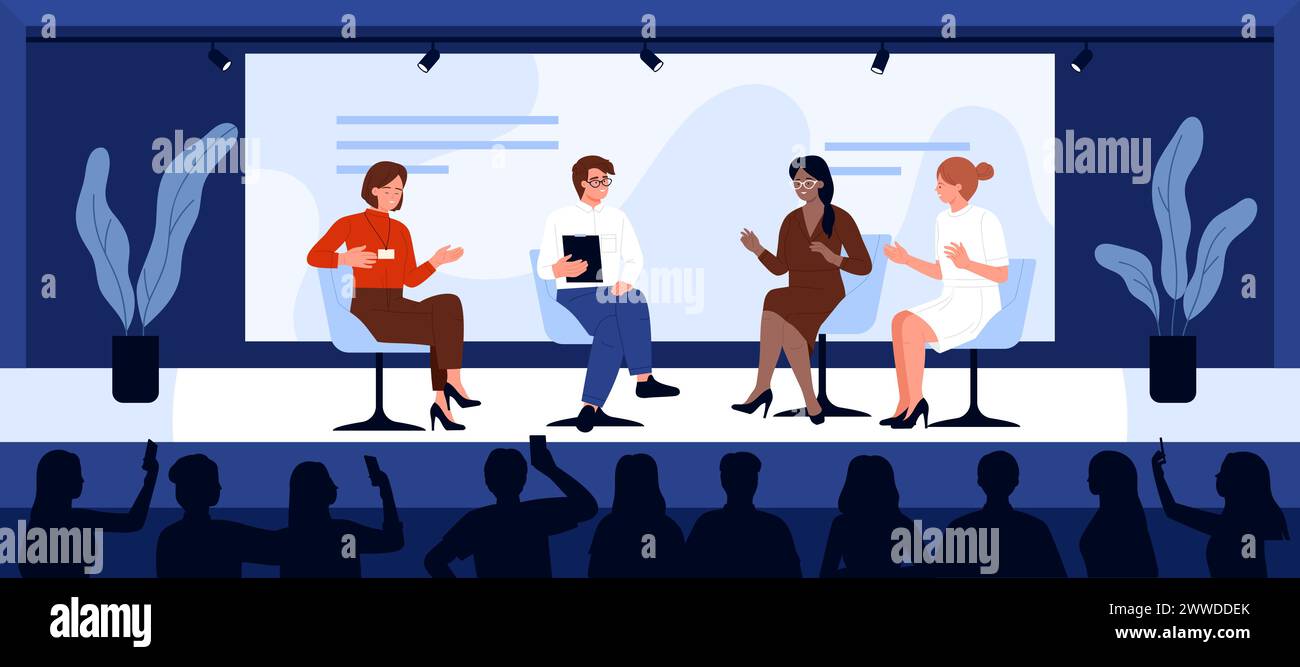 Public meeting of speakers, science forum on auditorium stage in front of audience. Group of ...