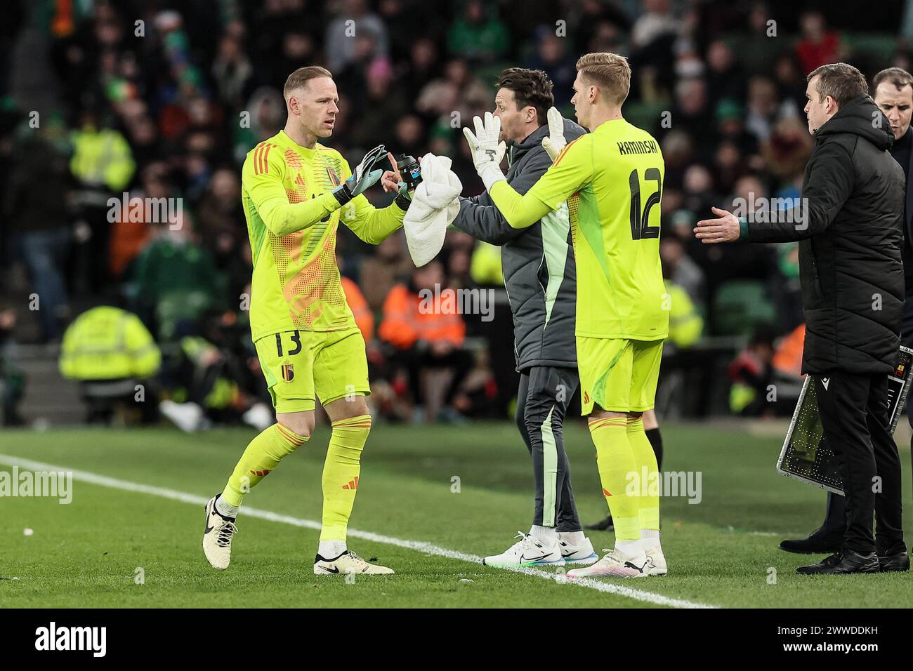 Dublin, Ireland. 23rd Mar, 2024. Belgium's goalkeeper Matz Sels and ...