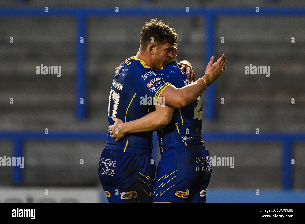 Josh Thewlis of Warrington Wolves celebrates his try during the Betfred ...